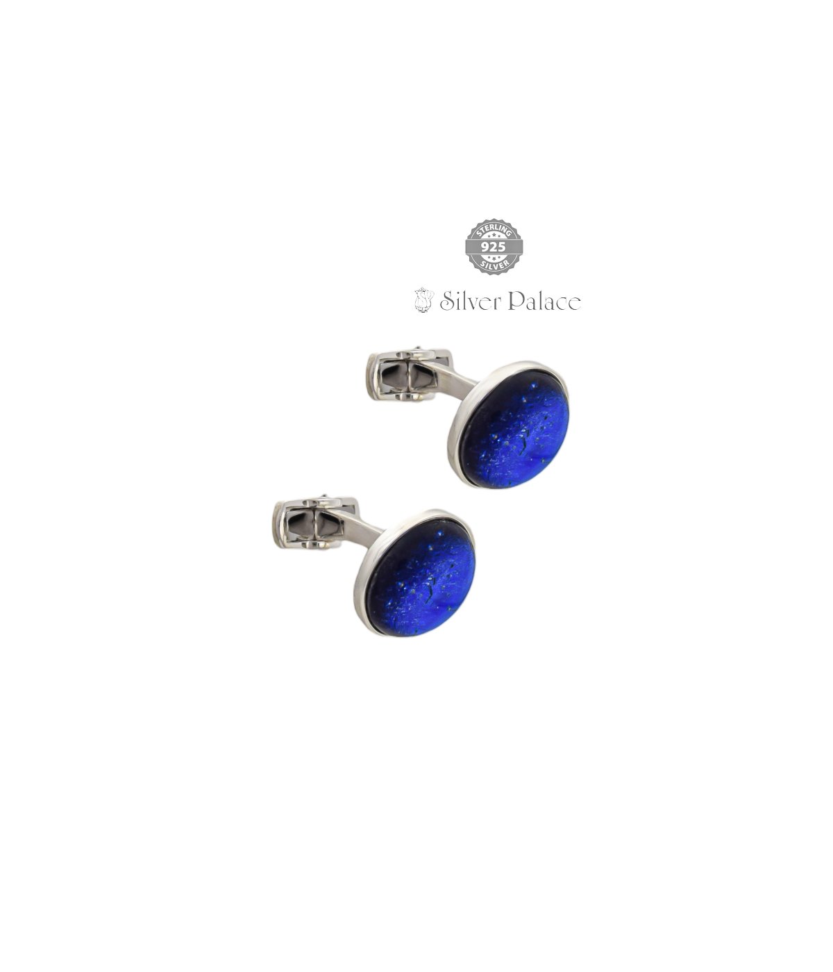 925 Pure Sterling Silver Blue Stone Cufflink For Men - Silver Palace