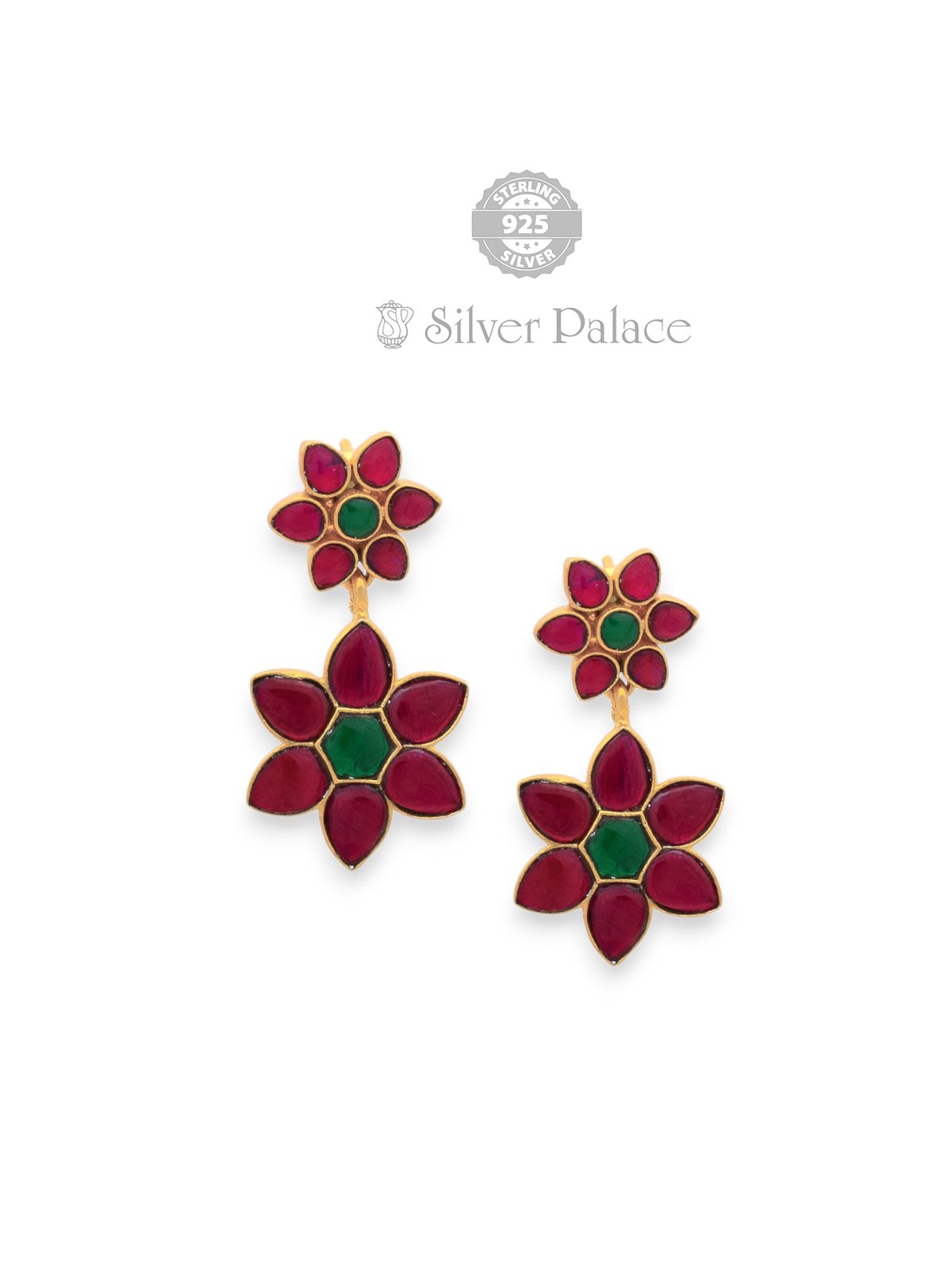 925 Silver Gold Polished Floral Design With White And Green Stone ...