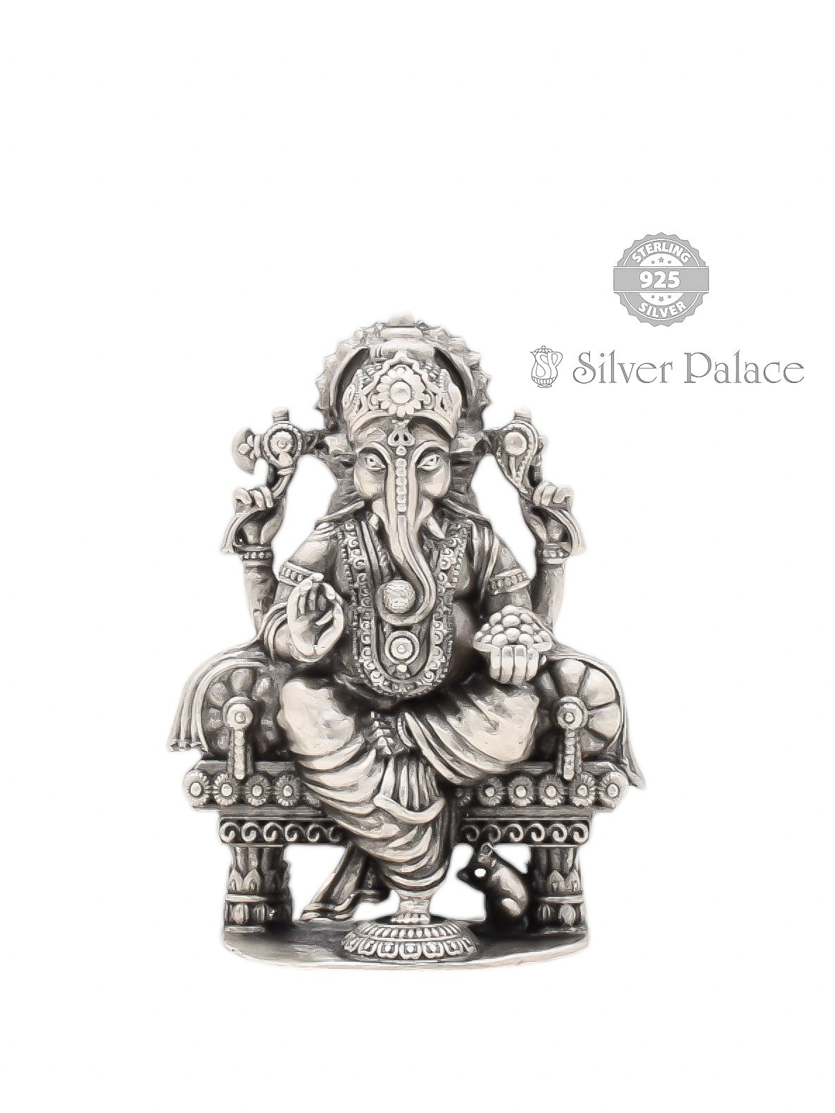 92.5 Oxidised Silver Lord Ganesh Idol With Kemp Stone - Silver Palace
