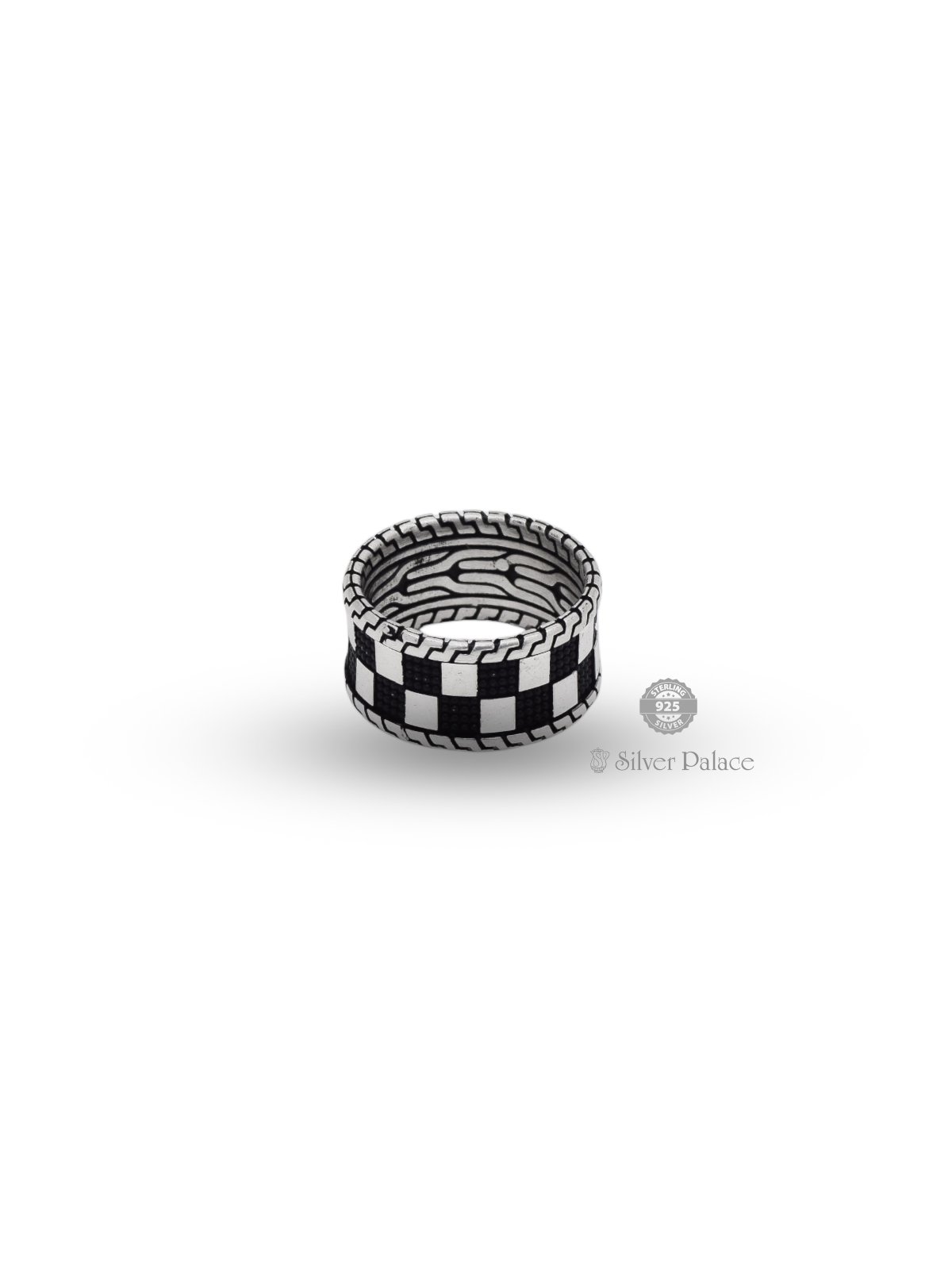 925 Oxidised Silver Checkered Ring For Mens Maan Collection - Silver Palace