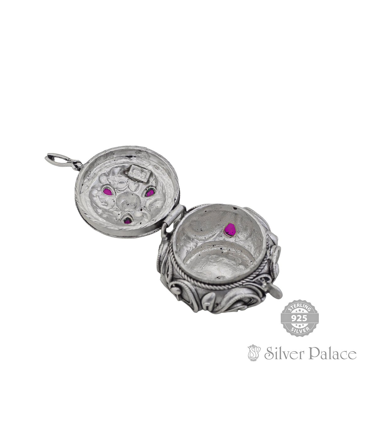 Oxidised Silver Fancy Design & Ruby Stone Sindoor Box - Silver Palace