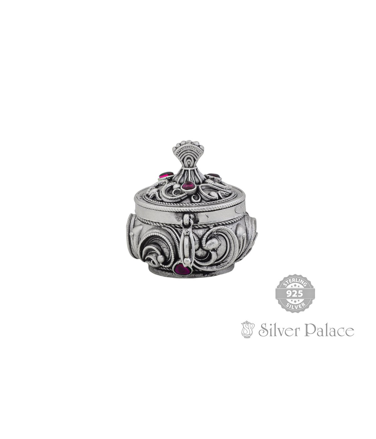 Oxidised Silver Fancy Design & Ruby Stone Sindoor Box - Silver Palace