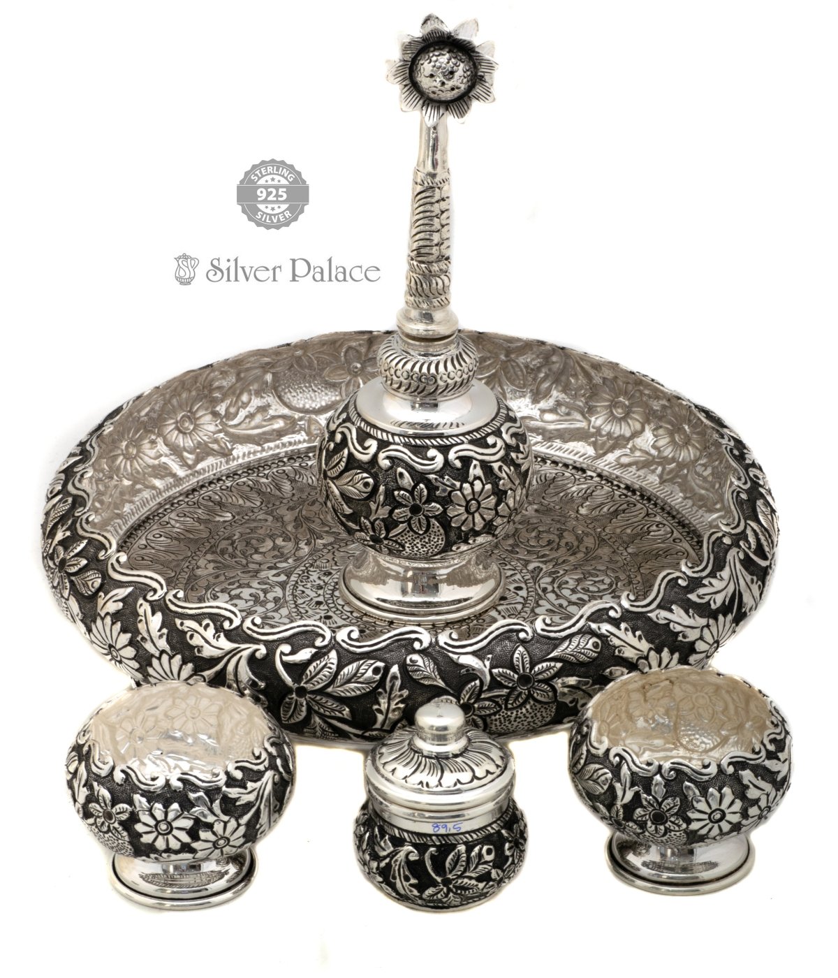 92.5 Sterling Silver Antic Paneer Kumkum Chandan Tray Set - Silver Palace